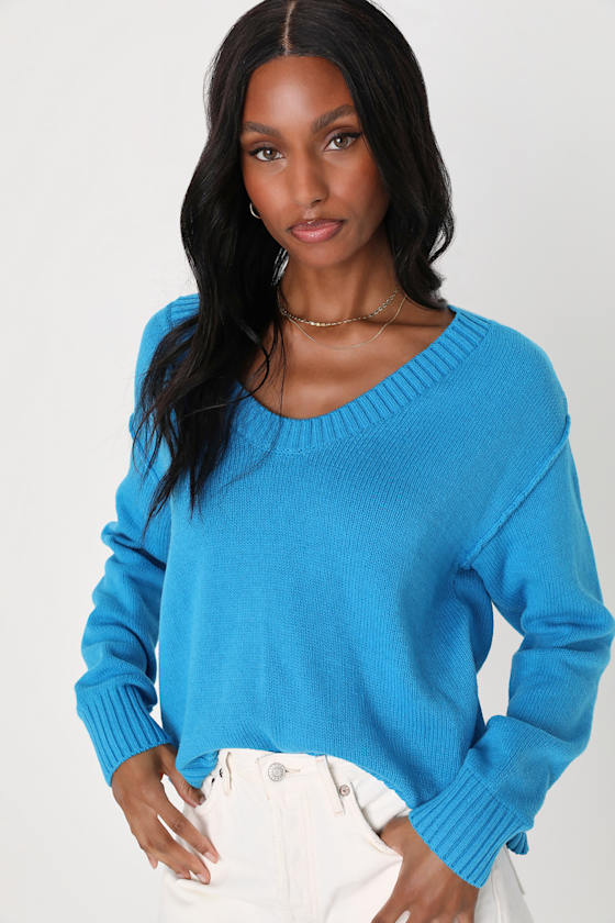 Blue V-Neck Sweater - Pullover - Pullover Sweater - Lulus