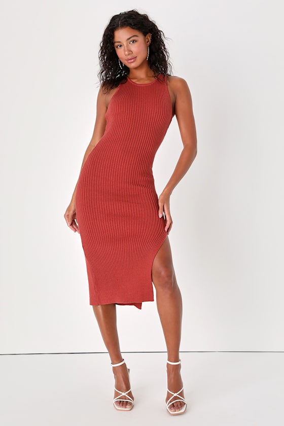 Trendy Rust Red Dress - Ribbed Knit Dress - Midi Bodycon Dress - Lulus