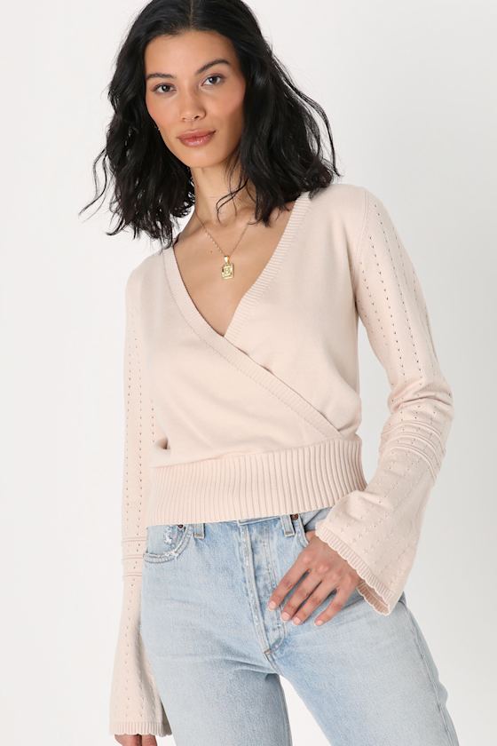 Beige Knit Sweater - Surplice Sweater - Pointelle Knit Sweater - Lulus