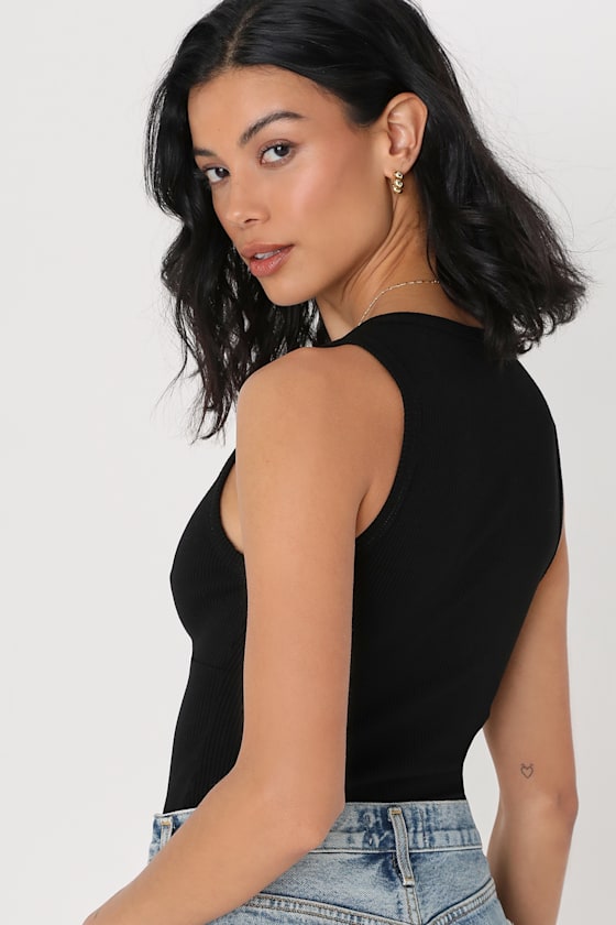Black Ribbed Bodysuit Sleeveless Bodysuit Black Top Lulus