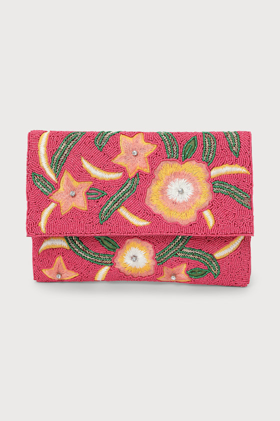 Tropical Print Clutch - Pink Bead Clutch - Floral Embroidery Bag - Lulus