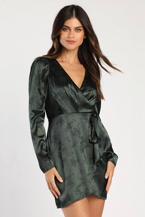 Emerald Green Mini Dress - Satin Mini Dress - Long Sleeve Dress - Lulus