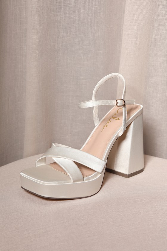 Ivory Satin Sandals - Platform Ankle-Strap Heels - Satin Heels - Lulus