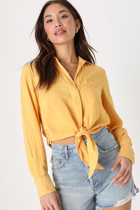 Yellow Embroidered Top - Tie-Front Shirt - Cropped Button-Up Top - Lulus