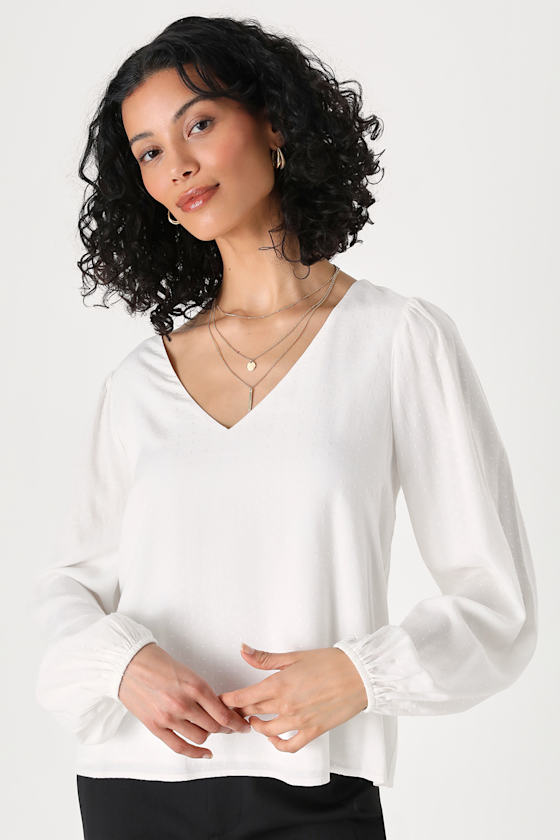 White Swiss Dot Top - Long Sleeve Blouse - V-Neck Top - Lulus
