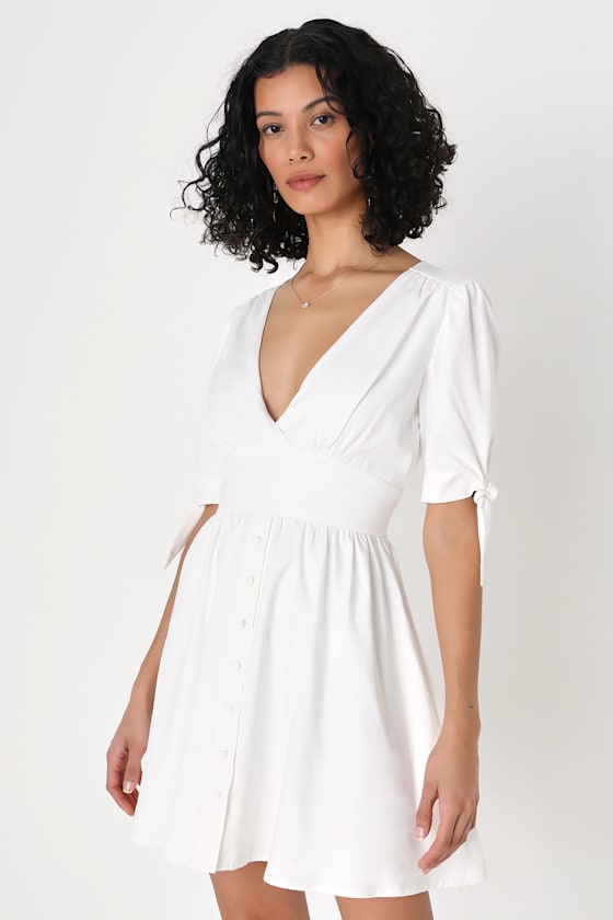 White Button-Up Dress - Short Sleeve Dress - Tie Sleeve Dress - Lulus