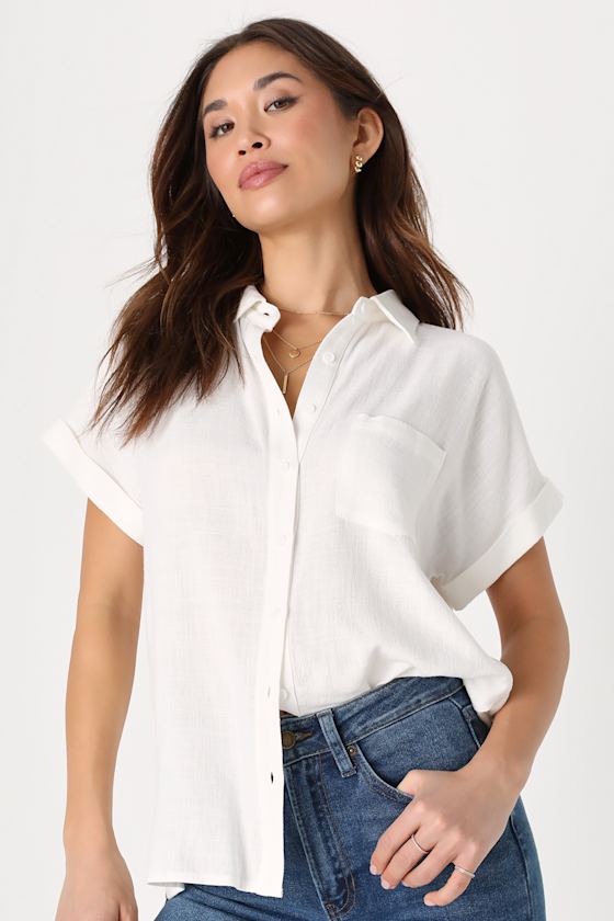 White Short Sleeve Top - Button-Up Top - Linen Button-Up Top - Lulus