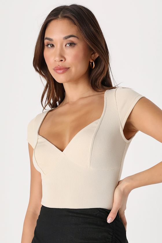 Beige Ribbed Knit Bodysuit Cap Sleeve Bodysuit Bustier Top Lulus