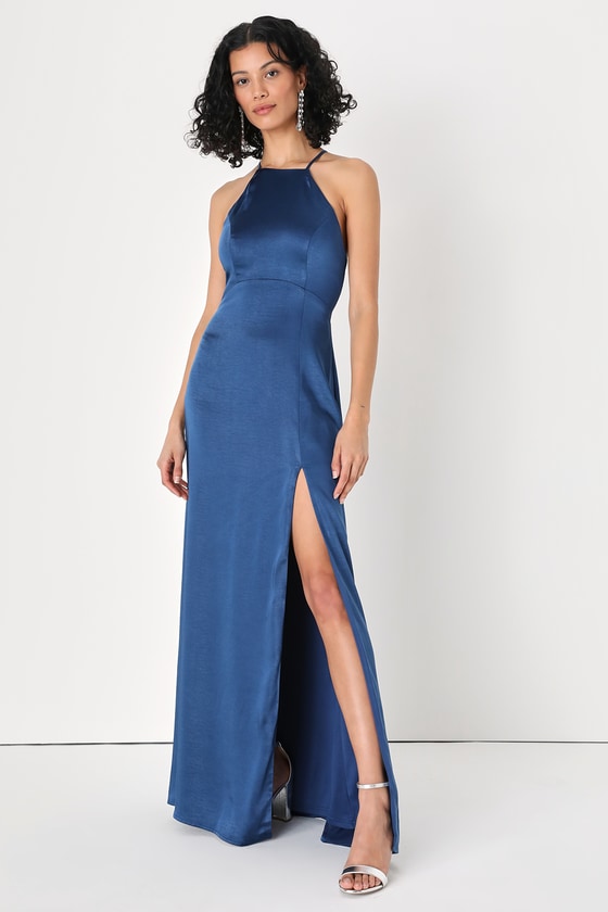 Blue Satin Dress Backless Maxi Dress Satin A Line Maxi Dress Lulus