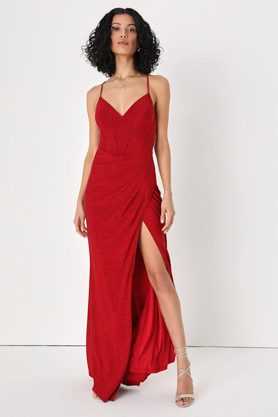 Red Lurex Maxi Dress - Bustier Maxi Dress - Backless Dress - Lulus