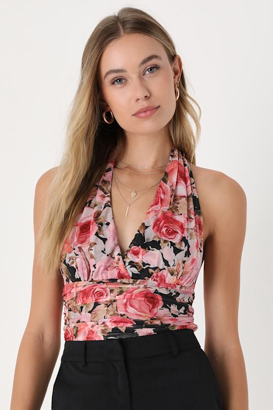 Pink Rose Print Bodysuit - Mesh Halter Bodysuit - Backless Top - Lulus