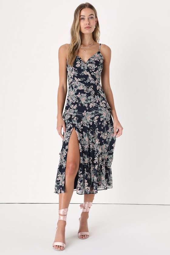 Blue Floral Midi Dress - Ruffled Midi Dress - Surplice Midi Dress - Lulus