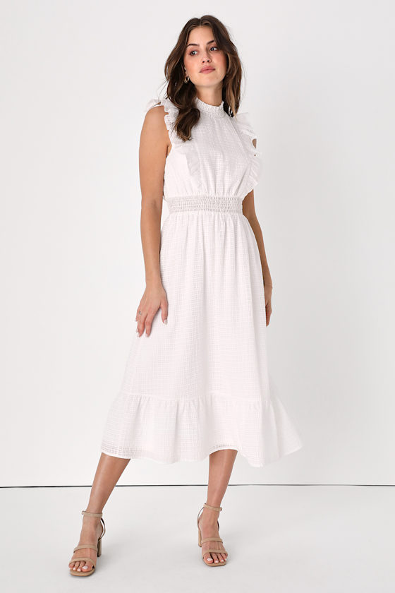 White Ruffled Midi Dress - Mock Neck Dress - Textured Midi Dress - Lulus