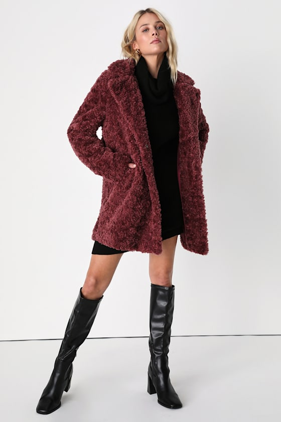 Plum Purple Coat - Teddy Coat - Faux Fur coat - Snap Button Coat - Lulus