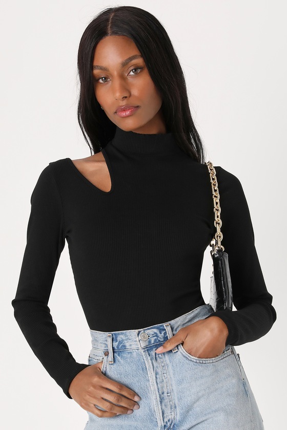Black Ribbed Bodysuit Cutout Bodysuit Mock Neck Bodysuit Lulus