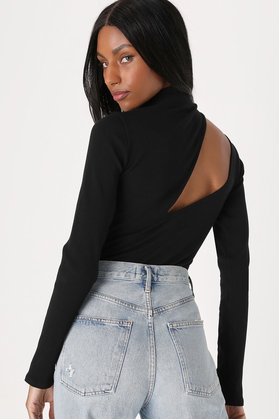 Black Ribbed Bodysuit Cutout Bodysuit Mock Neck Bodysuit Lulus