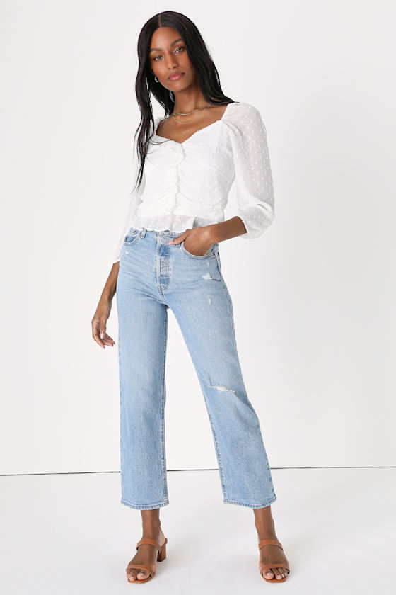 Ivory Ruched Top - Ruffled Swiss Dot Top - Ruffled Blouse - Lulus