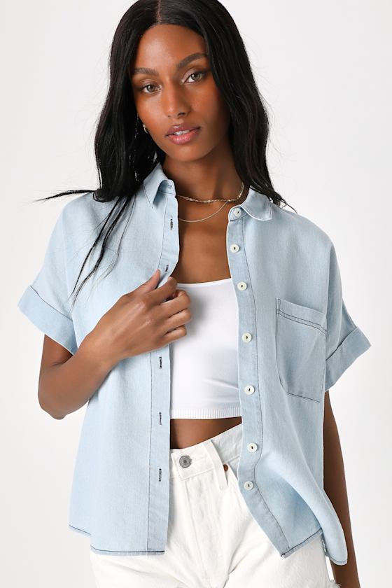 Cotton Shirt - Button-Up Top - Chambray Top - Light Blue Top - Lulus