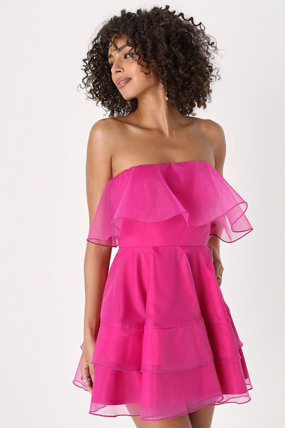 Magenta Organza Dress - Ruffled Mini Dress - Strapless Dress - Lulus