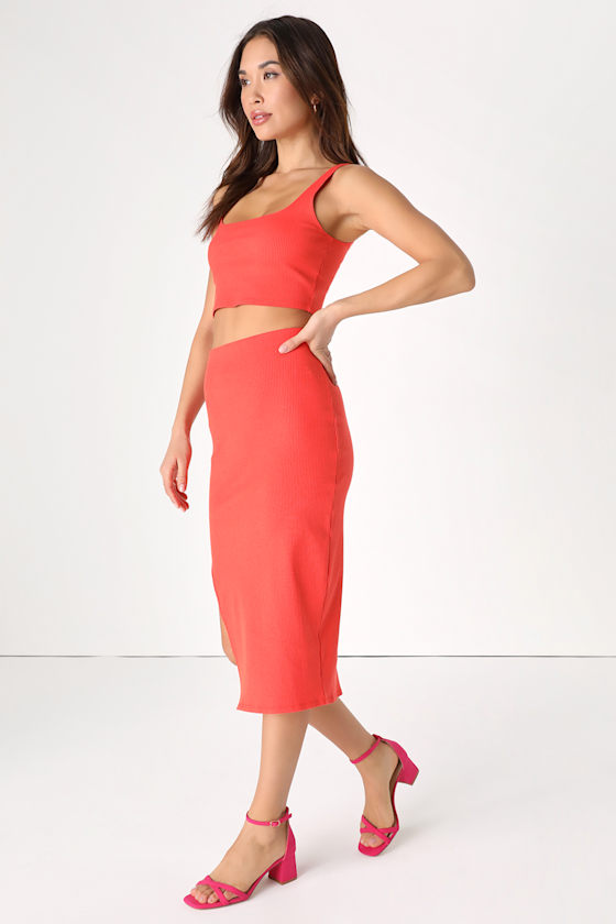 Chic Orange Two-Piece Dress - Ribbed Bodycon 2-Piece Dress - Set - Lulus