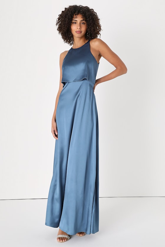 Slate Blue Gown - Sleeveless Satin Dress - High Neck Satin Dress - Lulus