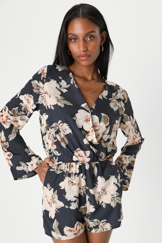 Washed Navy Blue Romper Floral Print Long Sleeve Romper Lulus