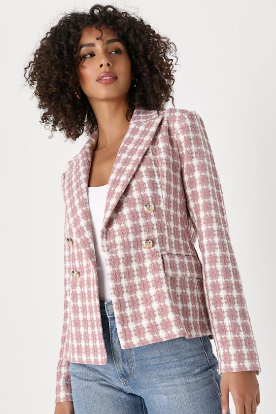Pink Plaid Blazer - Double Breasted Blazer - Tweed Blazer - Lulus