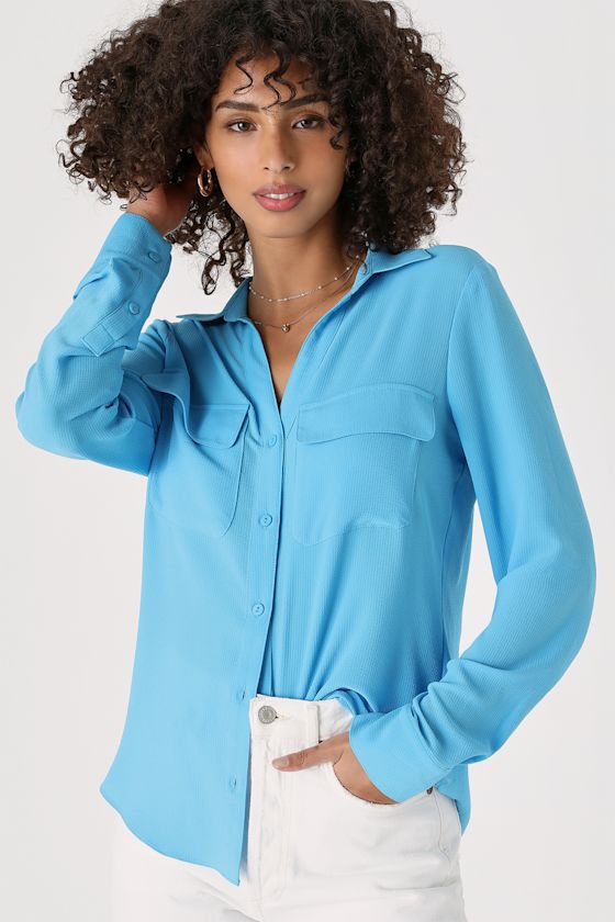 Blue Button-Up Top - Blue Office Top - Long Sleeve Button-Up Top - Lulus