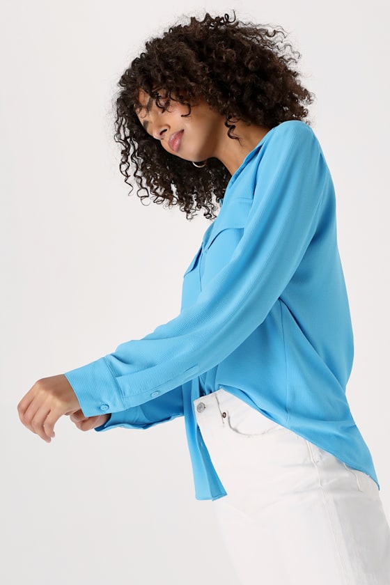 Blue Button-Up Top - Blue Office Top - Long Sleeve Button-Up Top - Lulus