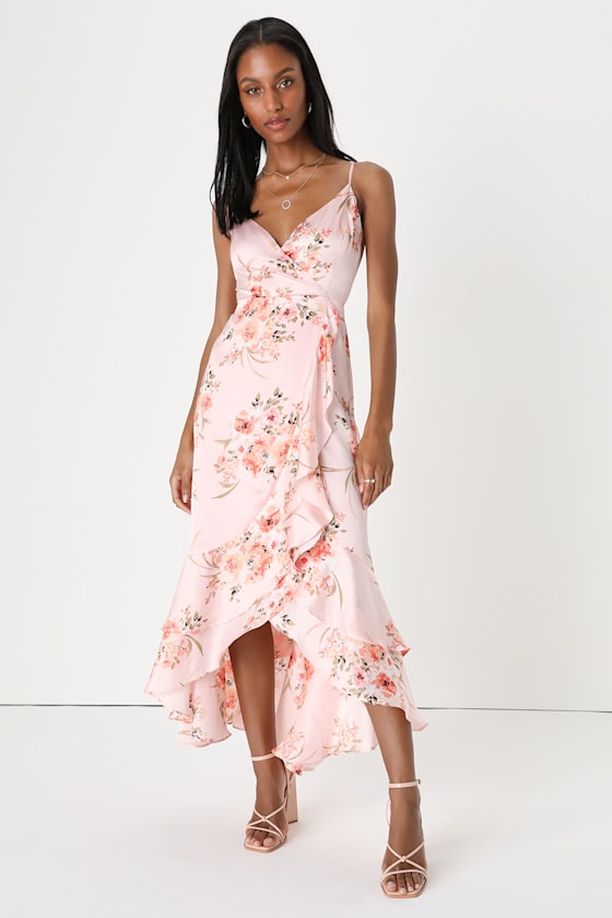 Blush Pink Floral Dress - High-Low Midi Dress - Ruffled Dress - Lulus