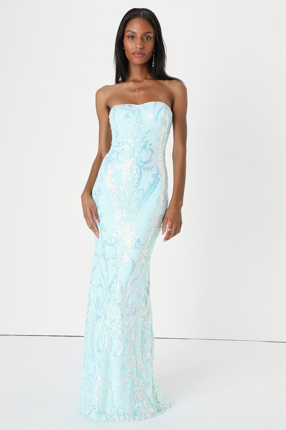 Light Blue Sequin Dress Strapless Dress Mermaid Maxi Dress Lulus