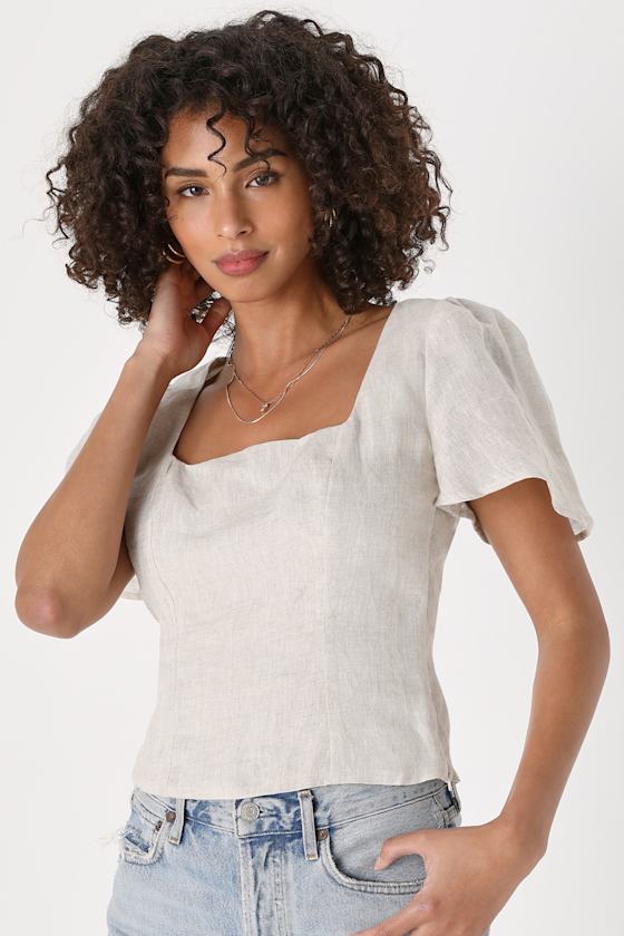 Linen Short Sleeve Top - Beige Linen Top - Square Neck Top - Lulus