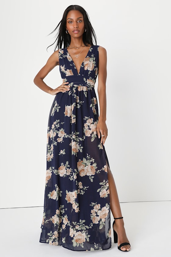 Navy Blue Floral Dress Sleeveless Maxi Dress V Back Dress Lulus