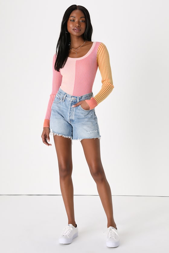 Pink Color Block Bodysuit - Ribbed Knit Top - Scoop Neck Bodysuit - Lulus