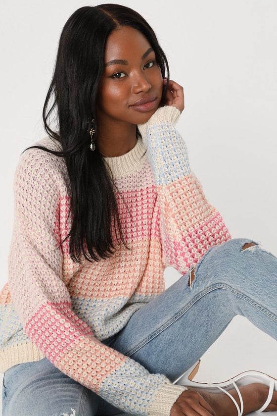 Ivory Multi Sweater Colorful Sweater Top Chunky Knit Sweater Lulus