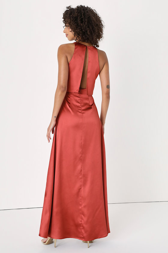 Rust Red Gown - Sleeveless Satin Dress - High Neck Satin Dress - Lulus