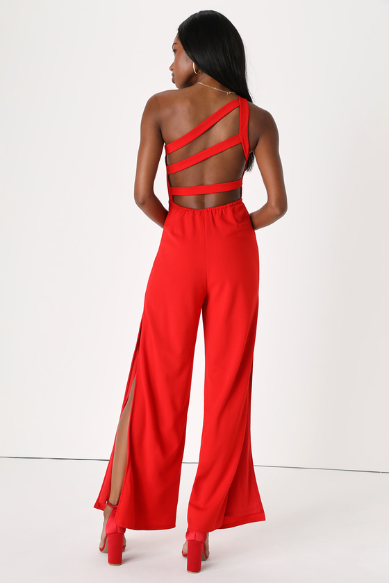 Red Wide Leg Jumpsuit Backless Jumpsuit One Shoulder Jumpsuit Lulus