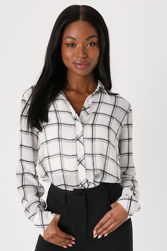 White and Black Top - Plaid Top - Button-Up Top - Office Chic - Lulus