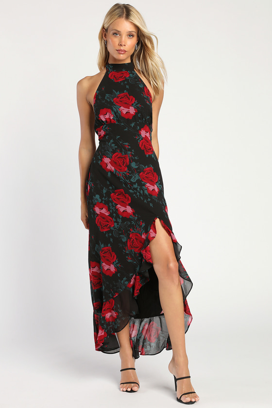 Floral Print Dress Halter Dress Black Red Dress Maxi Dress Lulus