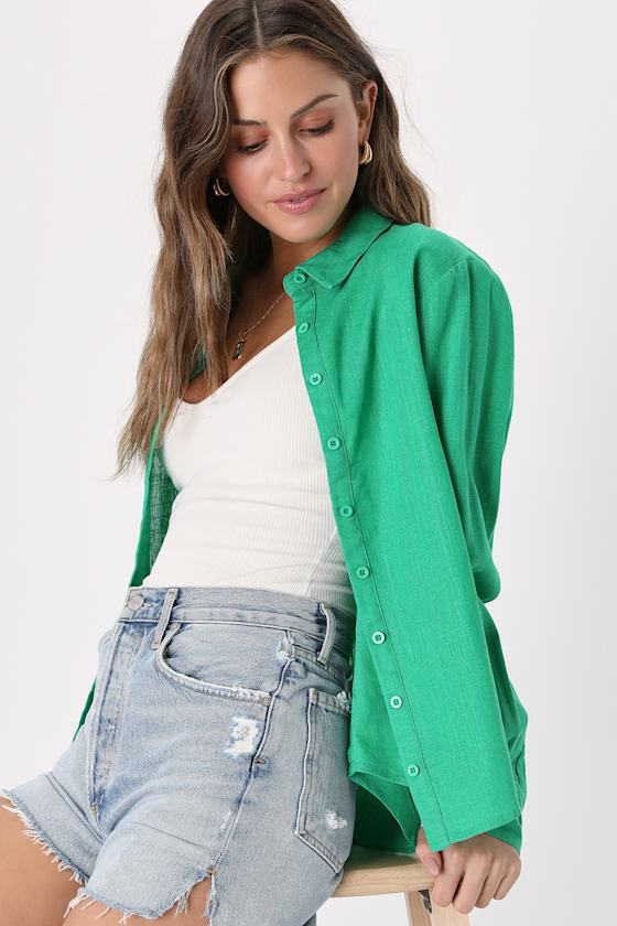 Green Collared Linen Top - Button Down Top - Long Sleeve Top - Lulus