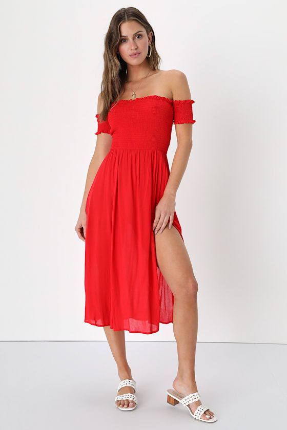 Red Dress - Off-the-Shoulder Midi Dress - Red Smocked Dress - Lulus