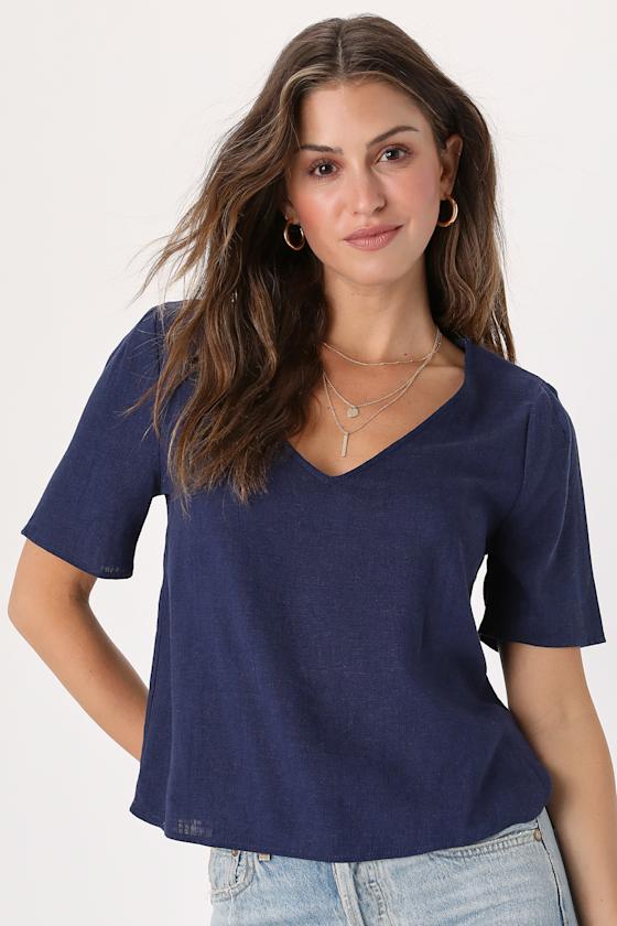Linen V-Neck Top - Navy Blue Short Sleeve - Blue Linen Top - Lulus