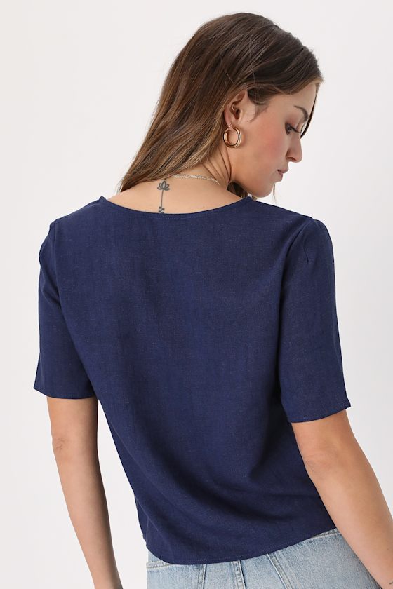Linen V-Neck Top - Navy Blue Short Sleeve - Blue Linen Top - Lulus