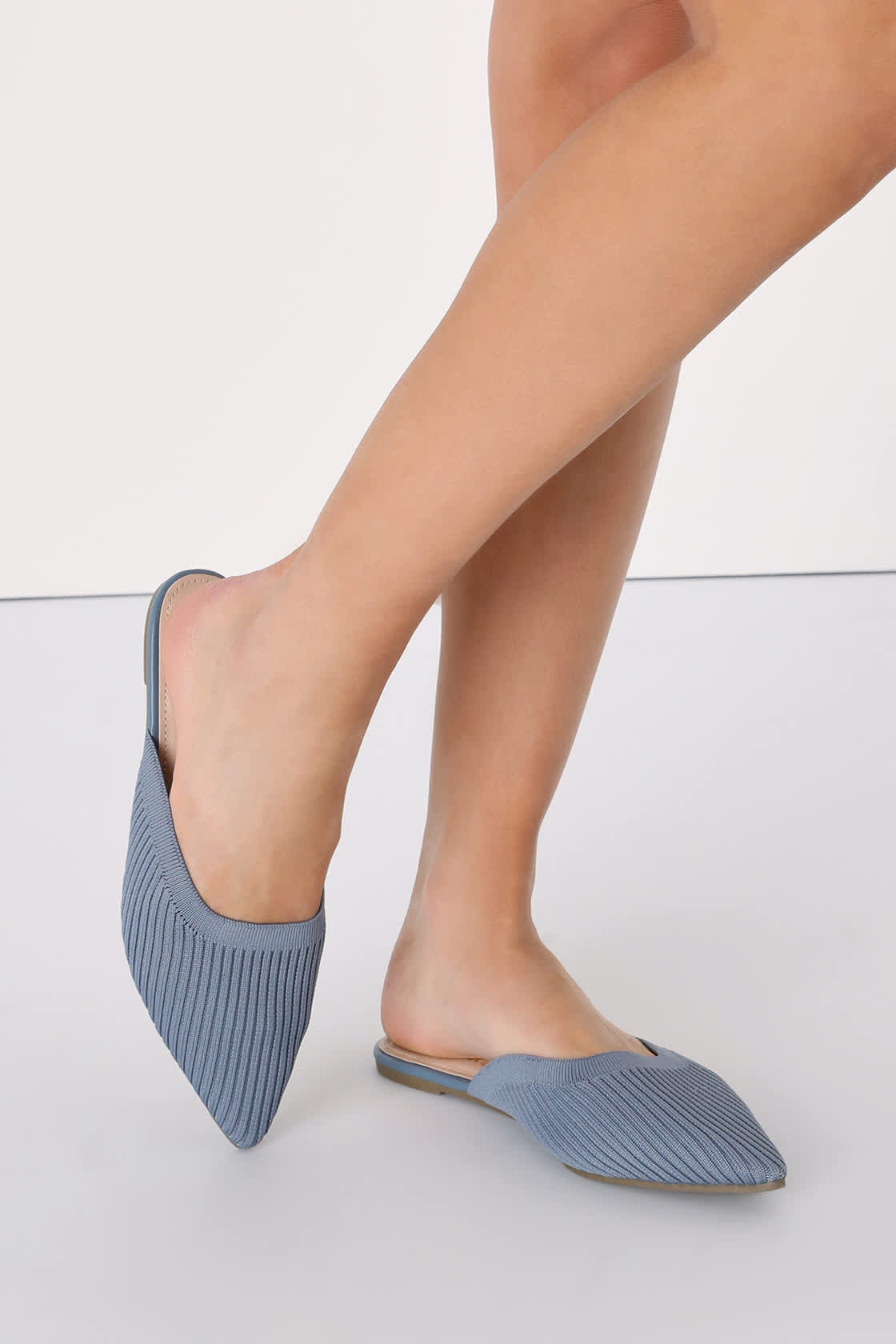 Denim Blue Pointed-Toe Mules - Ribbed Mule Slides - Knit Flats - Lulus