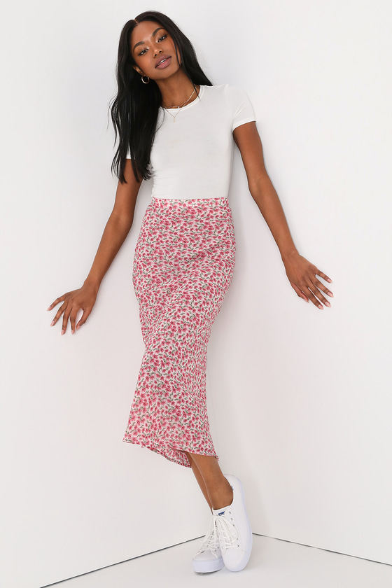 Pink Floral Print Skirt Ditsy Floral Skirt Midi Floral Skirt Lulus