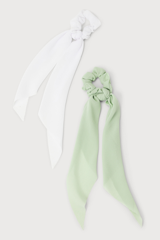 White & Green Scrunchie Set - Ponytail Holder Set - Hair Bow Set - Lulus