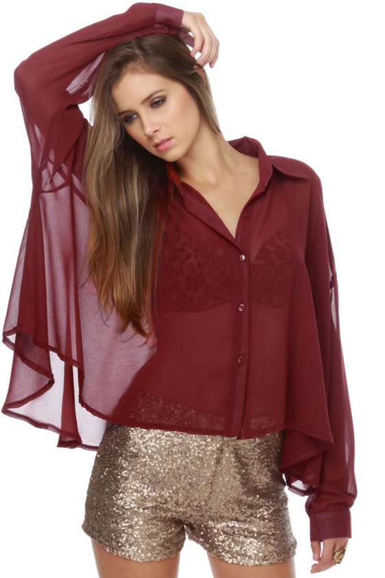 Classy Red Top Crop Top Long Sleeve Top Sheer Top Chiffon Top Dark Red Top 3500