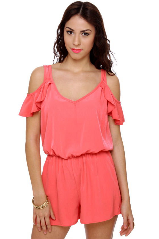Cute Coral Romper - Cold Shoulder Romper - Backless Romper - $40.00 - Lulus